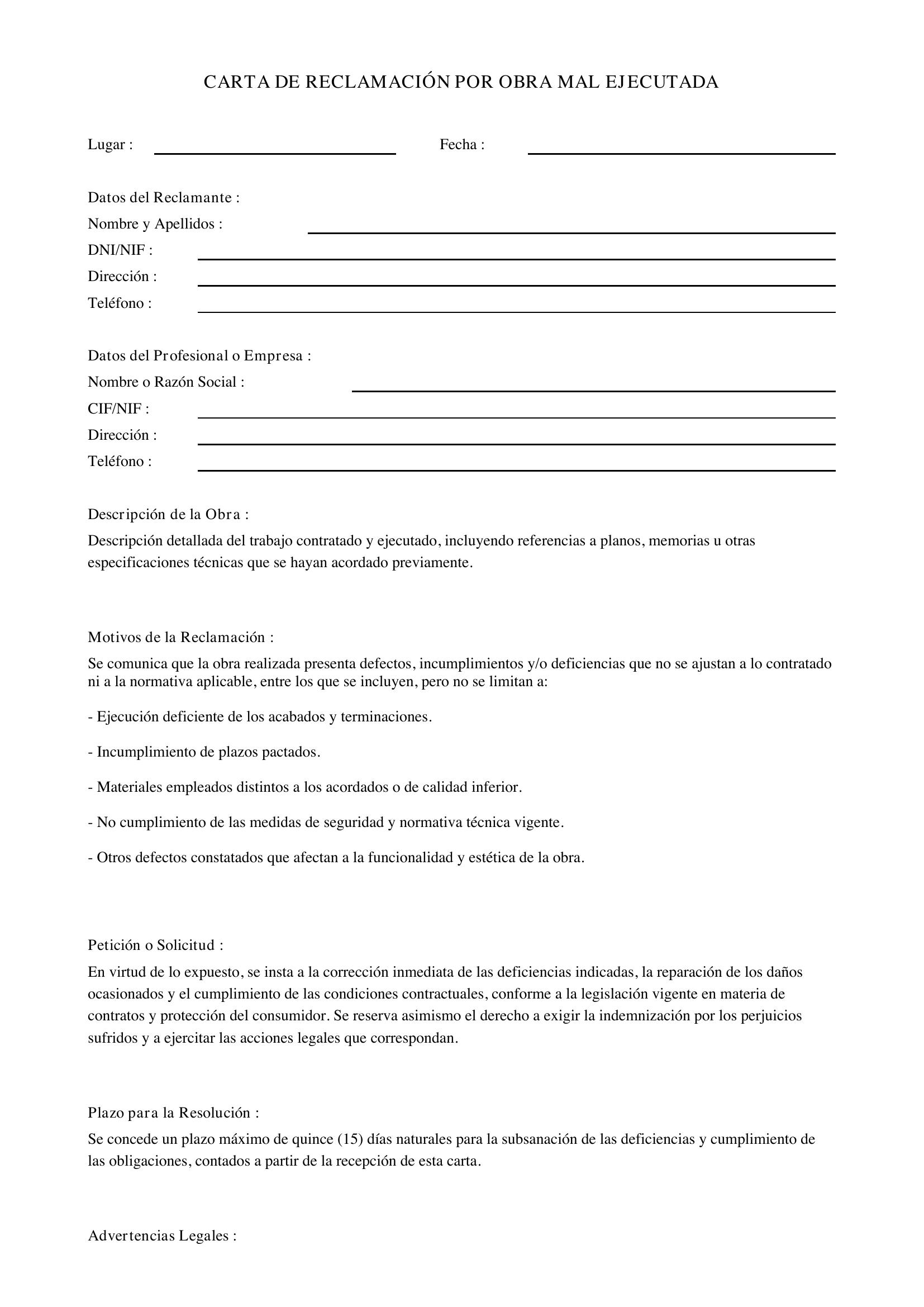 Modelo Carta Reclamación Obra Mal Ejecutada
