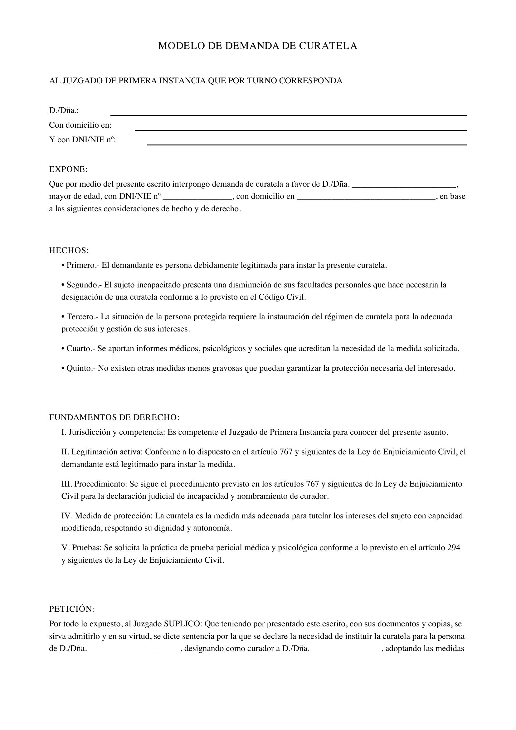 Modelo Demanda Curatela Nuevo Código